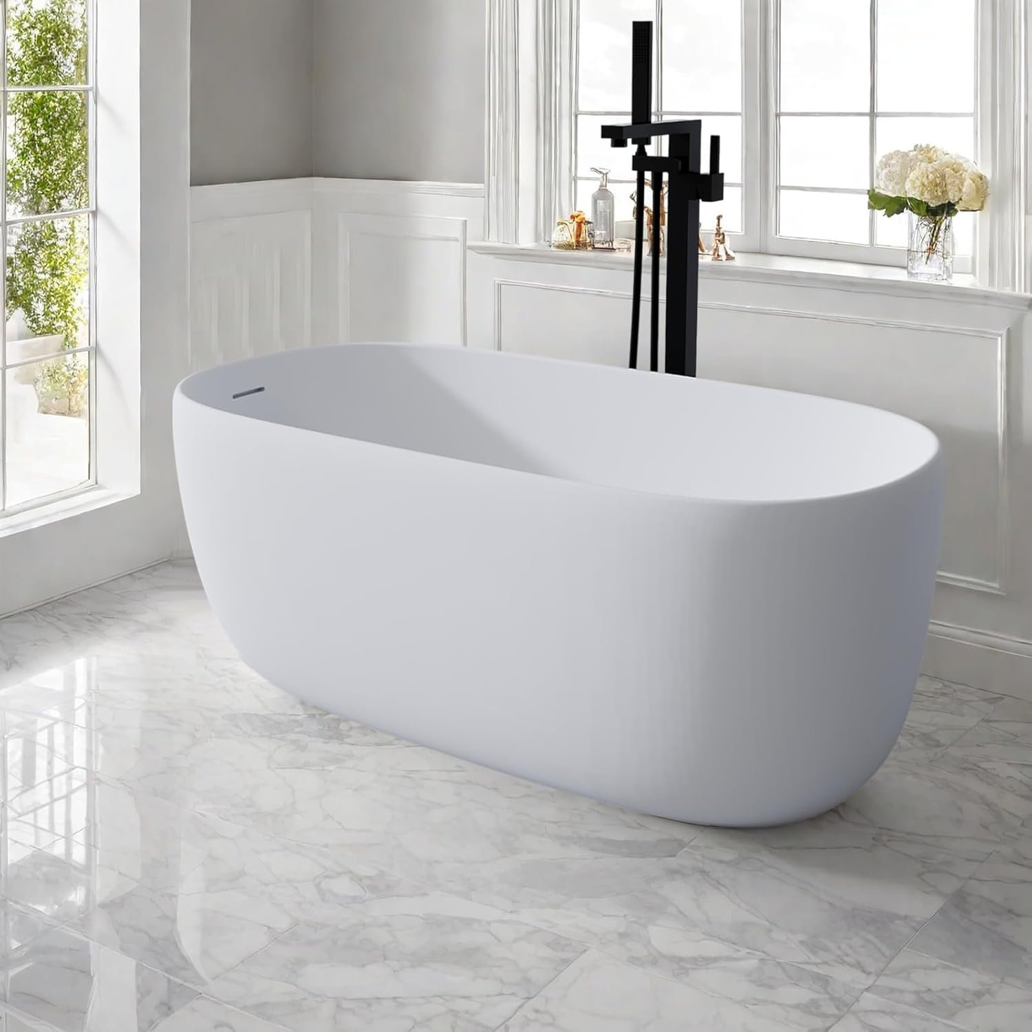 Flolinda 51"Resin Stone Bathtub, Oval Solid Surface Soaking Bathtubs with Built-in Overflow and ...